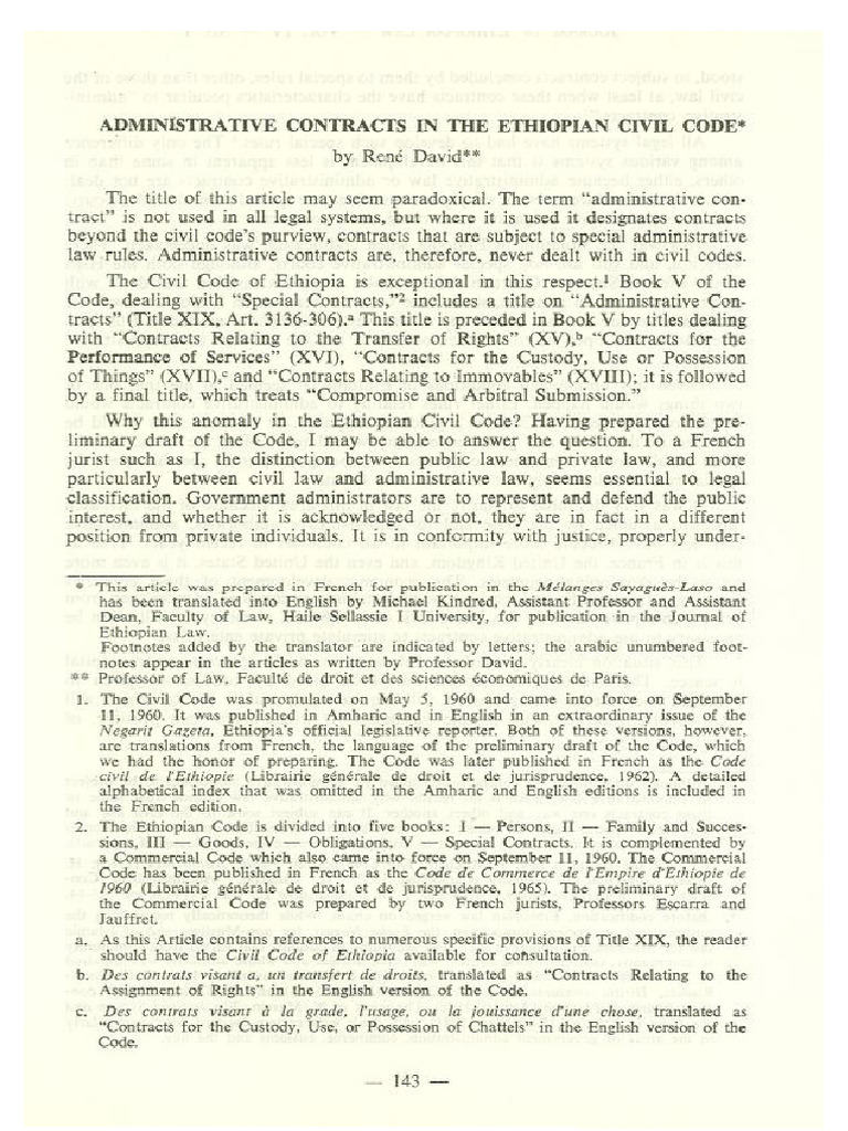 Rene David, Administrative Contracts in The Ethiopian Civil Code | PDF