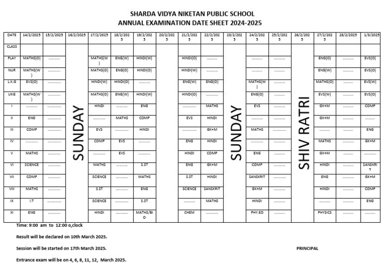 Date Sheet of Annual Exam2024-2025 | PDF