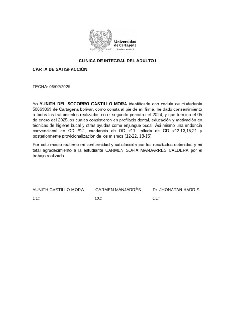 Carta de Satisfacción Clínica Dental | PDF
