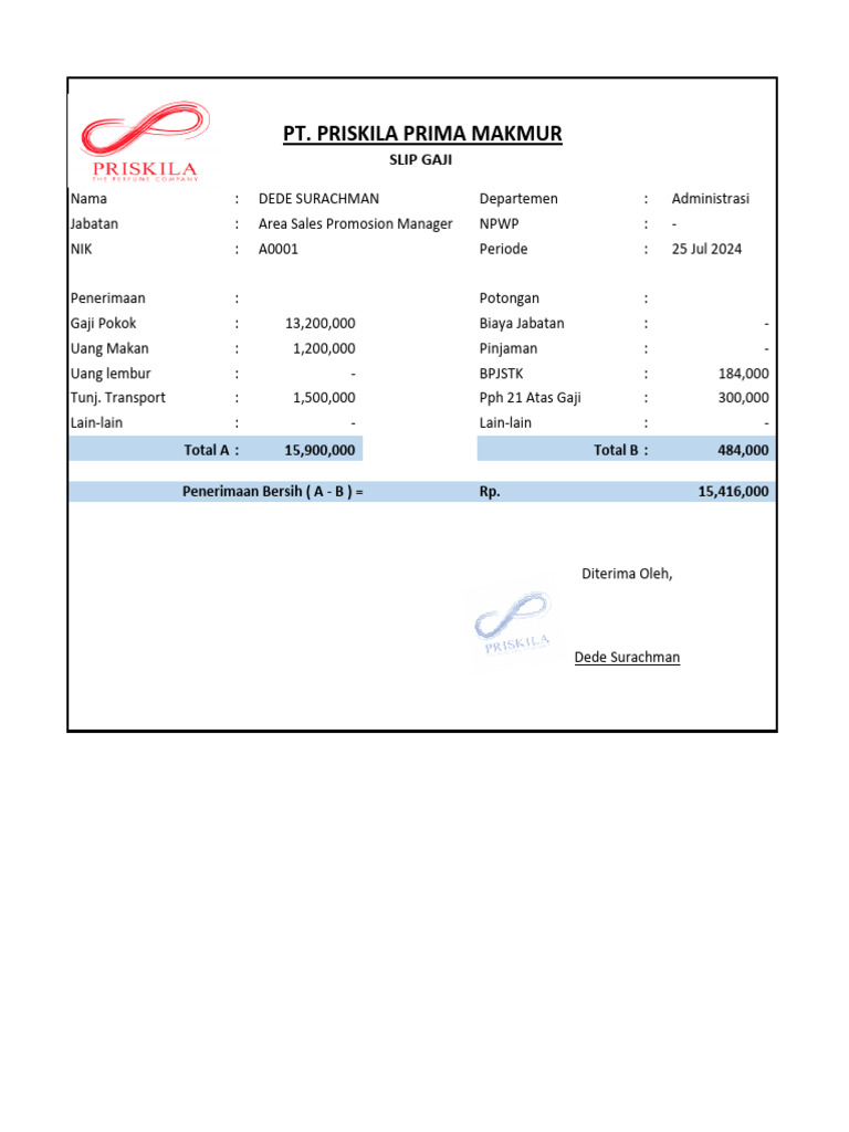 Slip Gaji PT. PRISKILA PRIMA MAKMUR | PDF