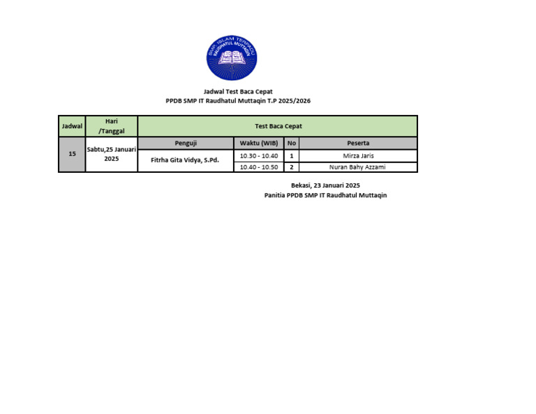 Jadwal Test Baca Cepat PPDB 2025 | PDF