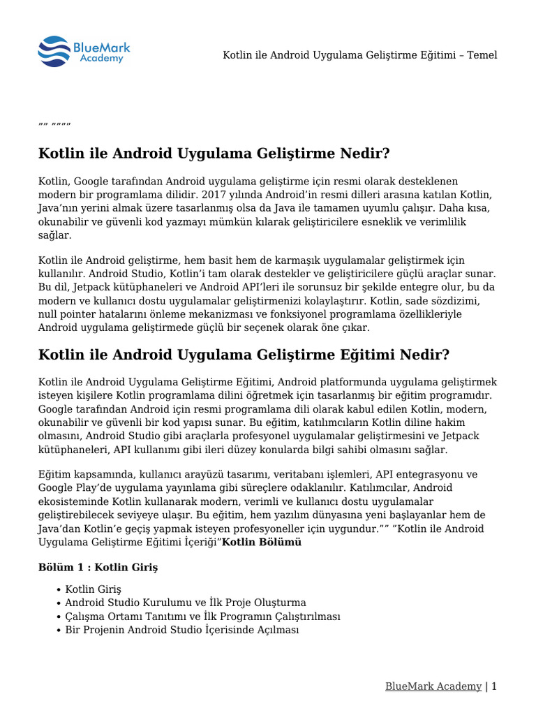 Kotlin Ile Android Uygulama Geliştirme Eğitimi – Temel | PDF