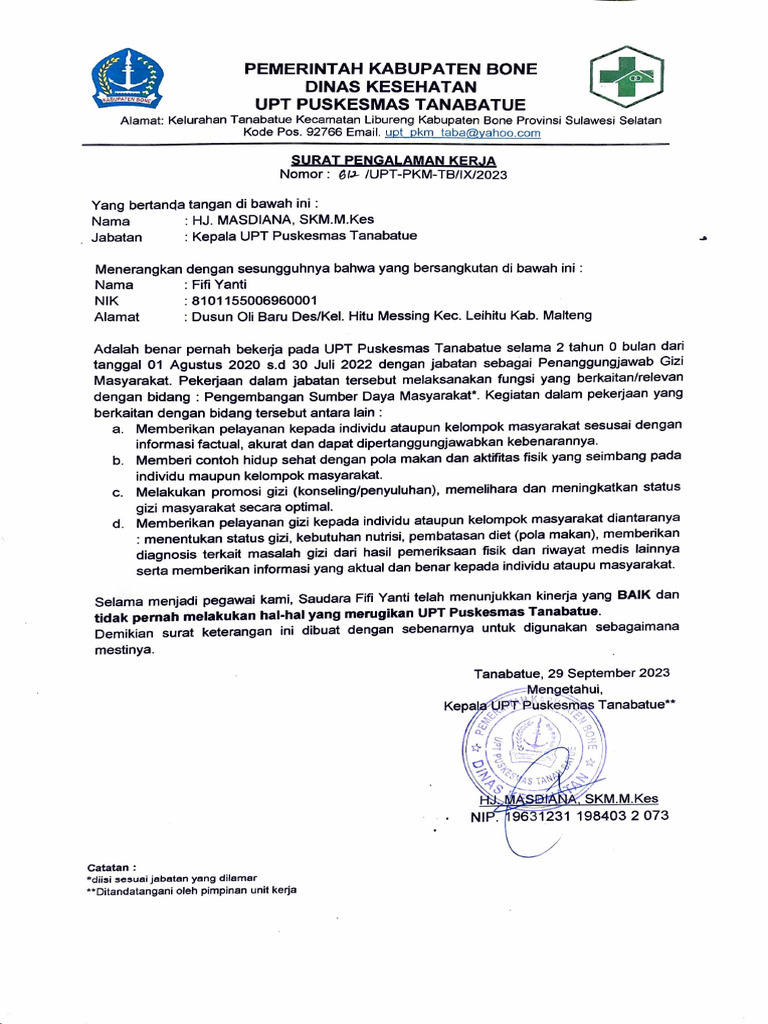 Surat Pengalaman Kerja Kak Fifi | PDF