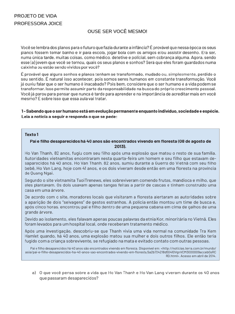 Projeto de Vida Aula 9 e 10 | PDF