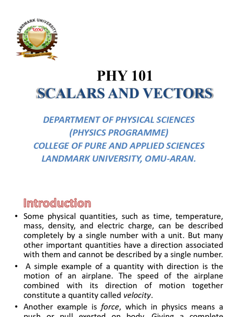 PHY 101 Scalars and Vectors - 2023 - 2024 - Students - Copy | PDF | Euclidean Vector | Velocity