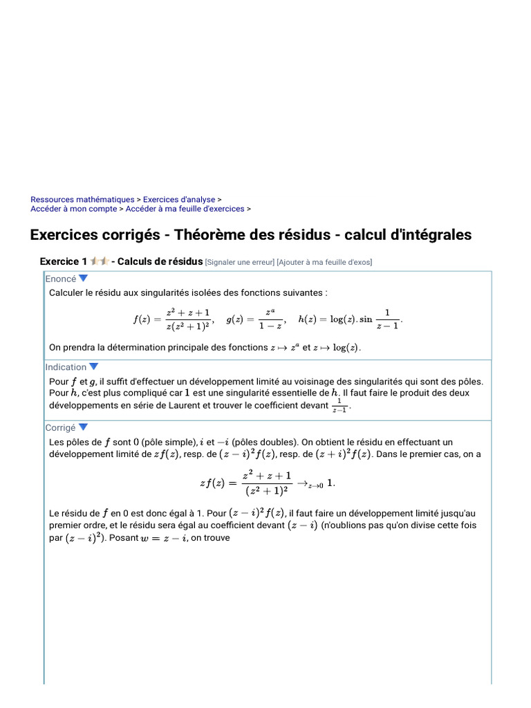 Exercices sur le théorème des résidus | PDF | Intégral | Limite ...