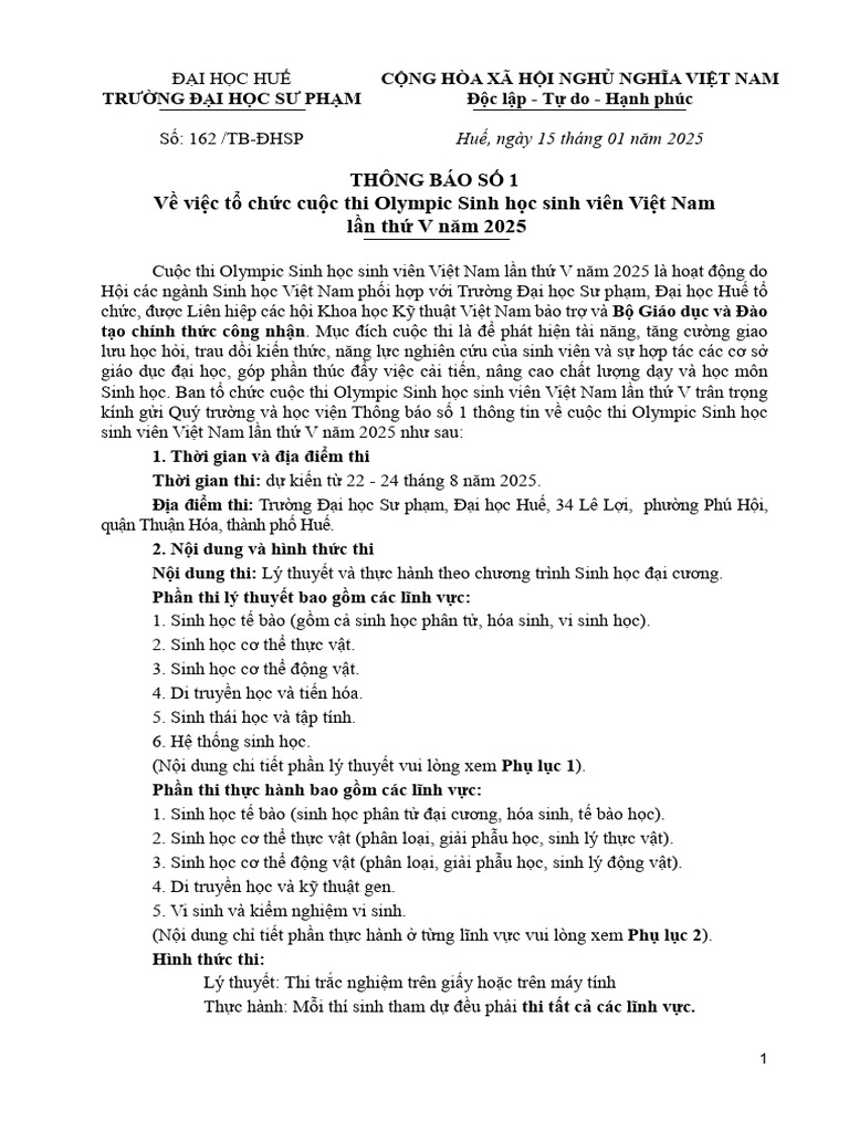Thong Bao So 1 Olp Sinhhoc 2025 | PDF