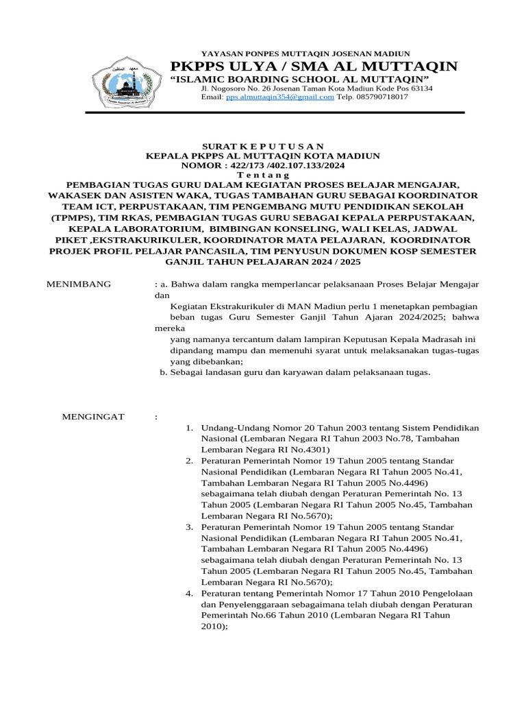 SK Pembagian Tugas GURU 2023-2024 | PDF