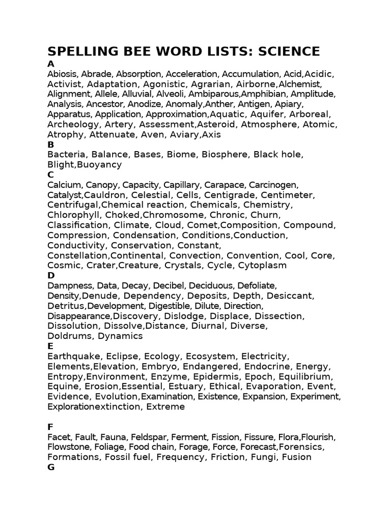 Science SPELLING BEE WORD LISTS | PDF | Waves | Physical Sciences