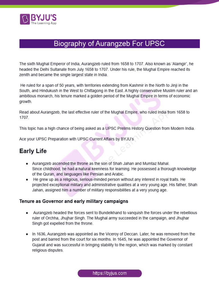 Aurangzeb Biography | PDF | Mughal Empire