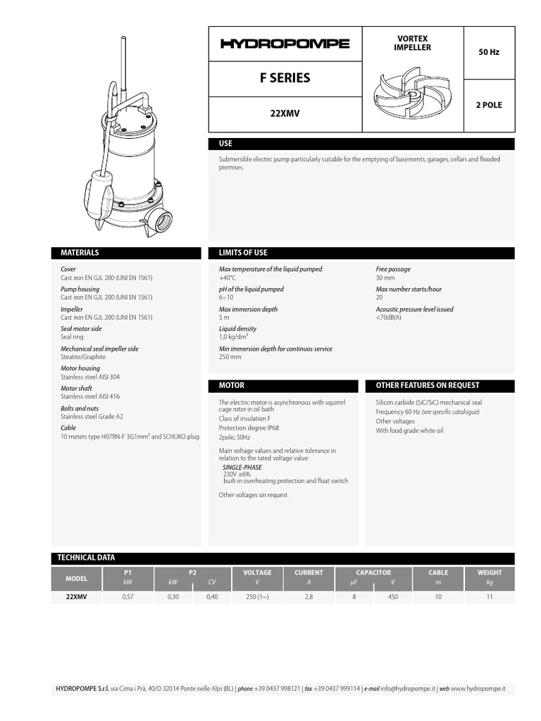 Hydropompe Datasheet F 22XMV | PDF | Pump | Mechanical Engineering