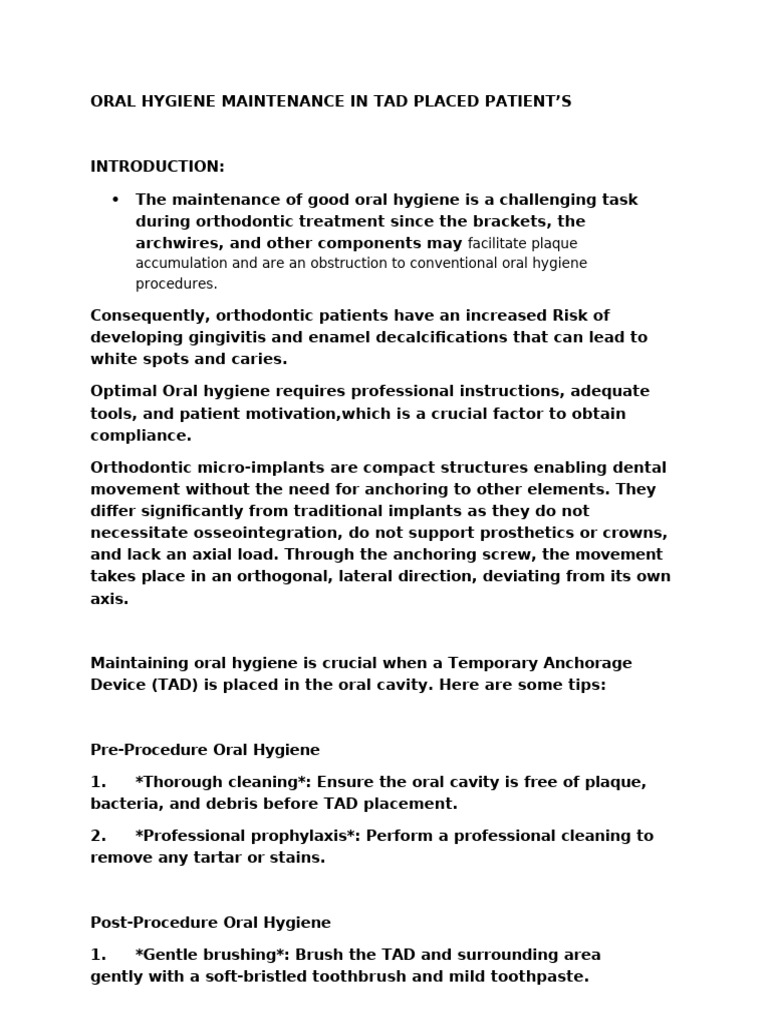 Oral Hygiene Tips for TAD Patients | PDF | Oral Hygiene | Toothbrush