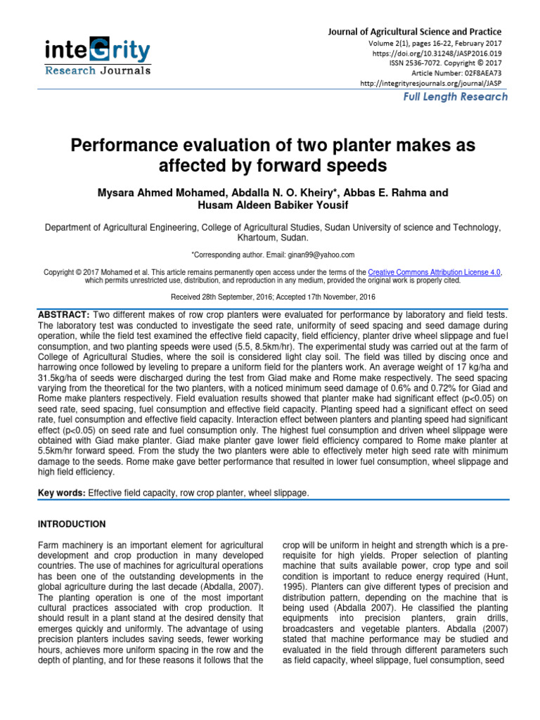Performance Evaluation of Two Planter Ma | PDF | Agriculture