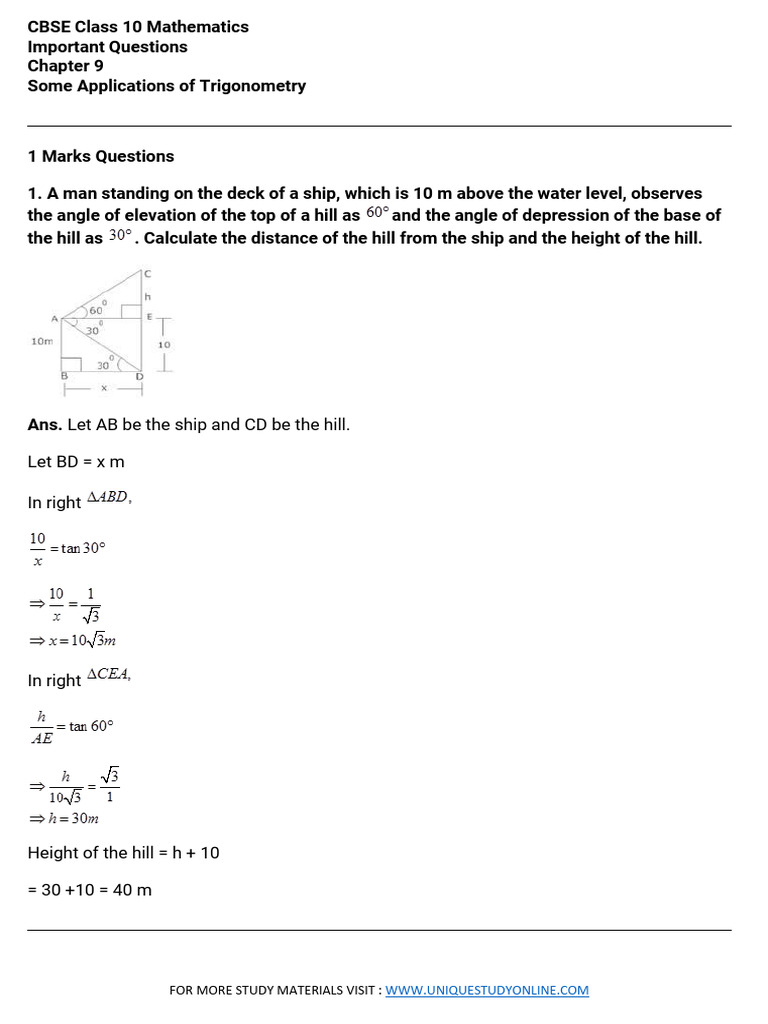 APPLICATION-OF-TRIGONOMETRY | PDF | Triangle | Height