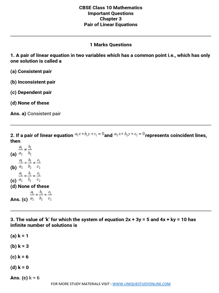 Class 10 Math: Linear Equations | PDF | Equations | System Of Linear ...