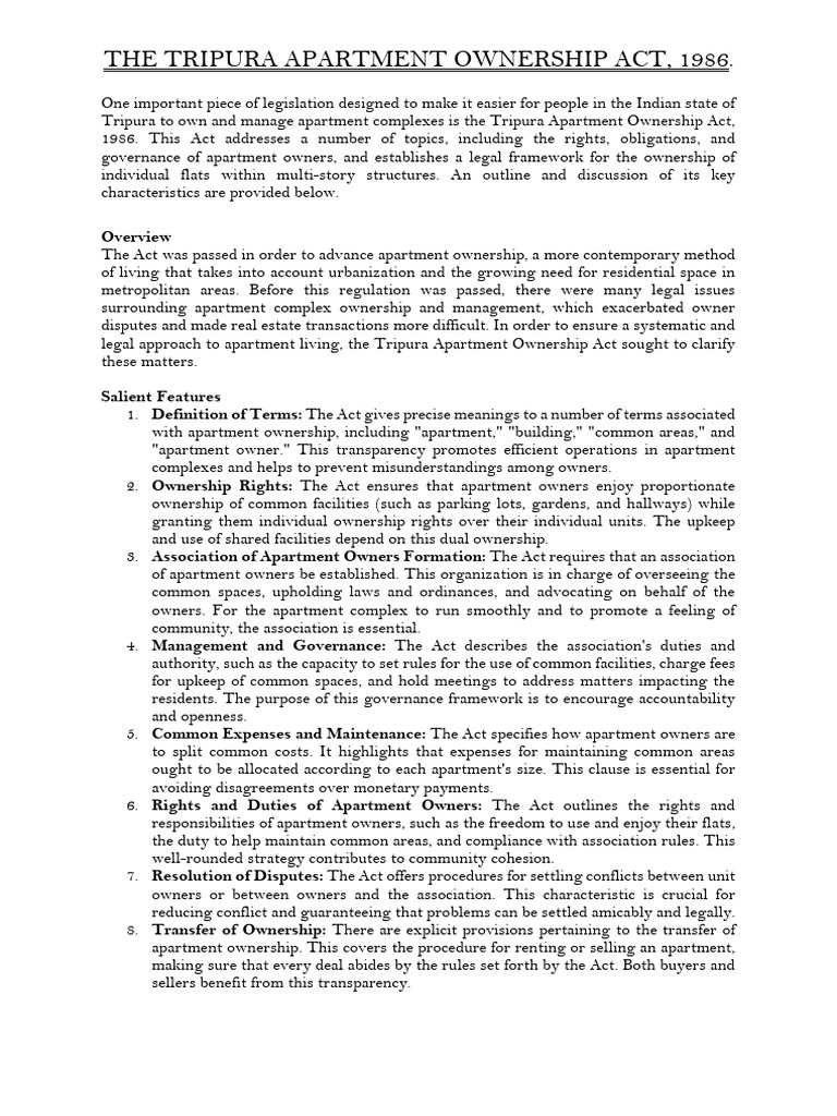 The Tripura Apartment Ownership Act, 1986 | PDF | Apartment | Ownership