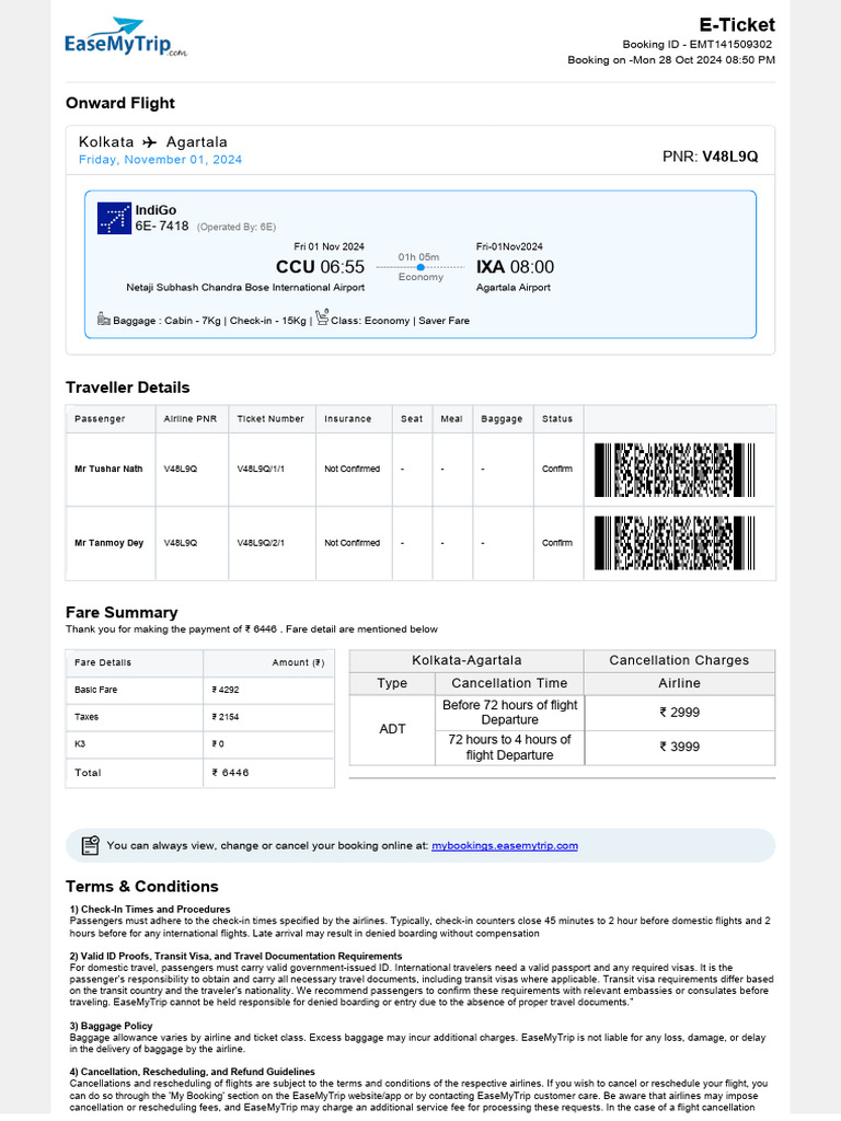 IndiGo Flight 6E 7418 E-Ticket Details | PDF | Airlines | Travel Visa