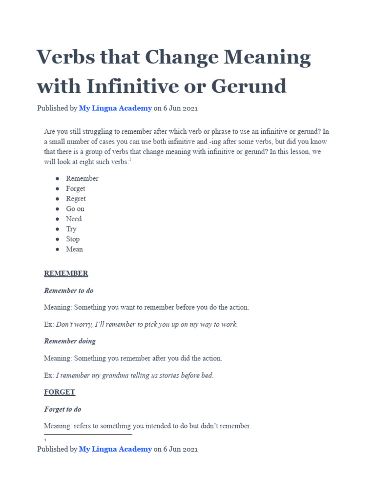 Verbs That Change Meaning With Infinitive or Gerund 1 1 | PDF | Verb ...