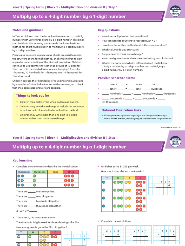 Y5 Spring Block 1 SOL1 Multiply Up To A 4digit Number by A 1digit ...