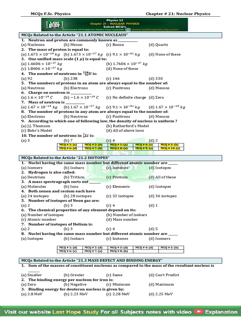 2nd Year Physics Chapter 21 Nuclear Physics MCQs Last Hope Study | PDF ...