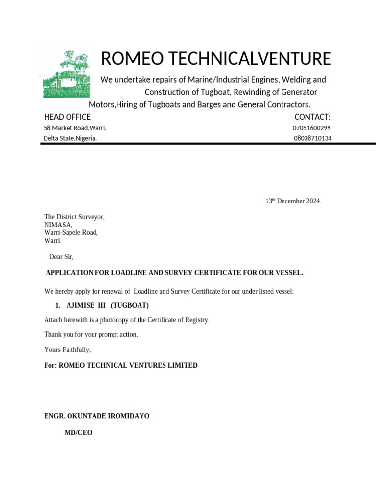 2024 Ajimise III Application For Loadline and Survey Certificate | PDF