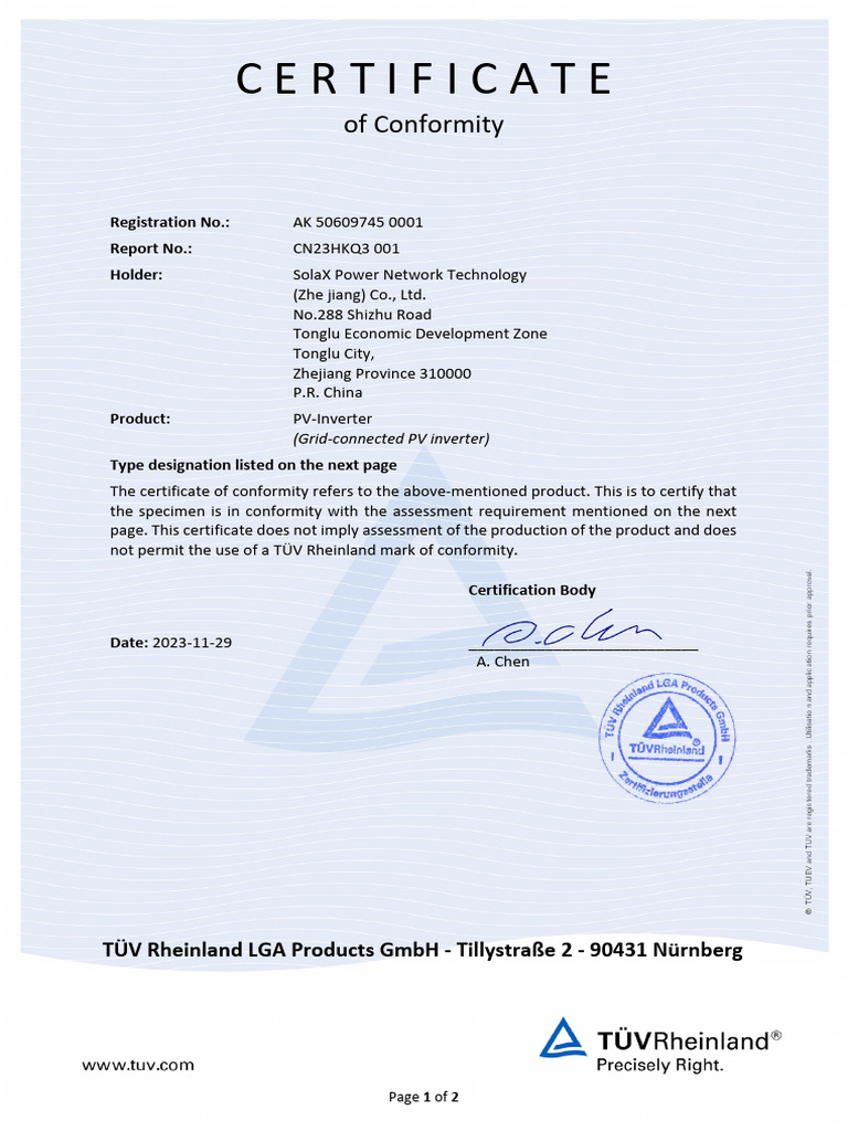 Certificate of Conformity for Solax X1 G2 | PDF