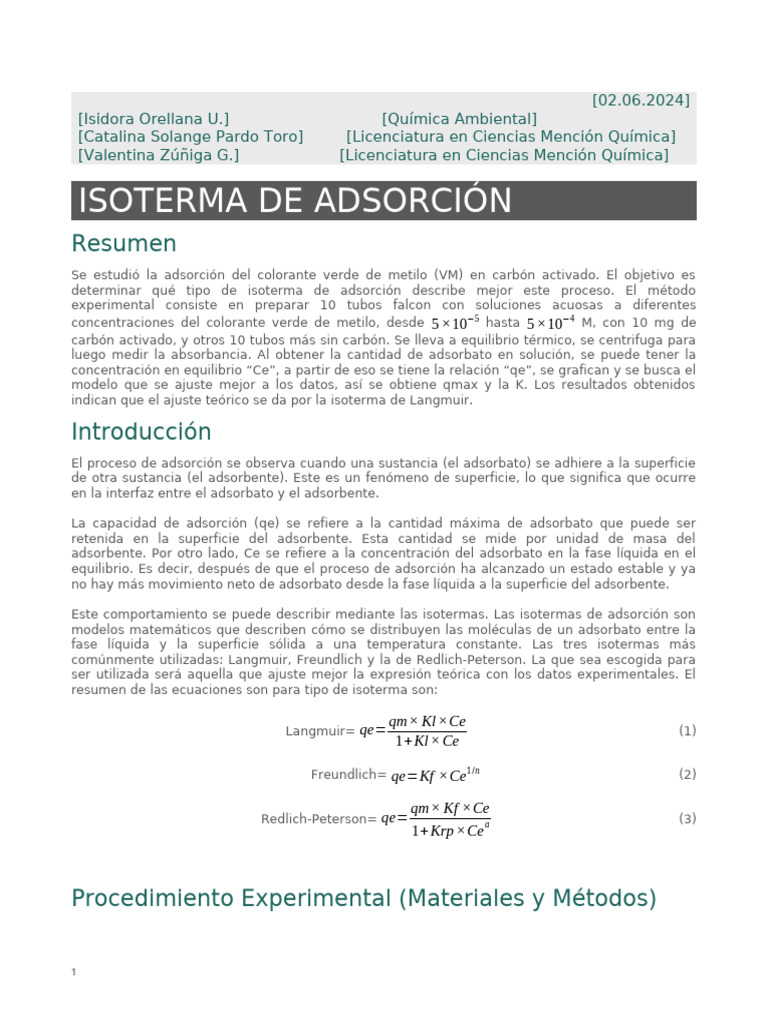 Isoterma de Adsorción del Verde de Metilo | PDF | Adsorción | Materiales