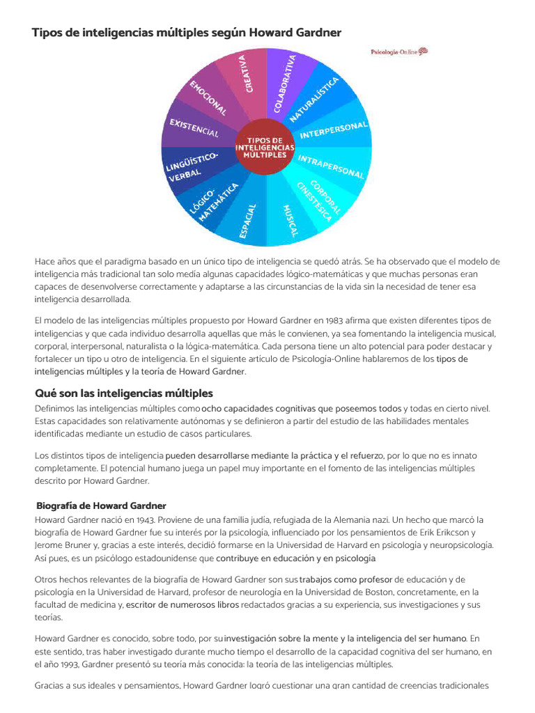 Tipos de Inteligencias Múltiples Según Howard Gardner | PDF | Inteligencia | Cociente de ...