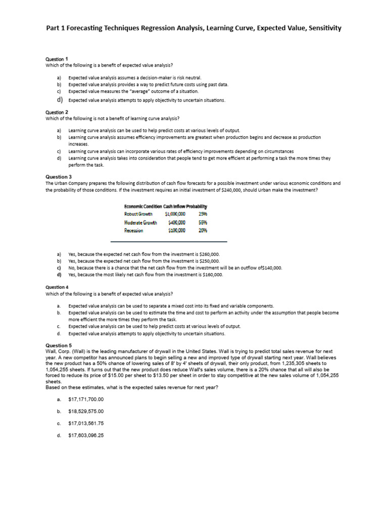 Part 1 Forecasting Techniques Regression Analysis, Learning Curve, Expected Value, Sensitivity ...