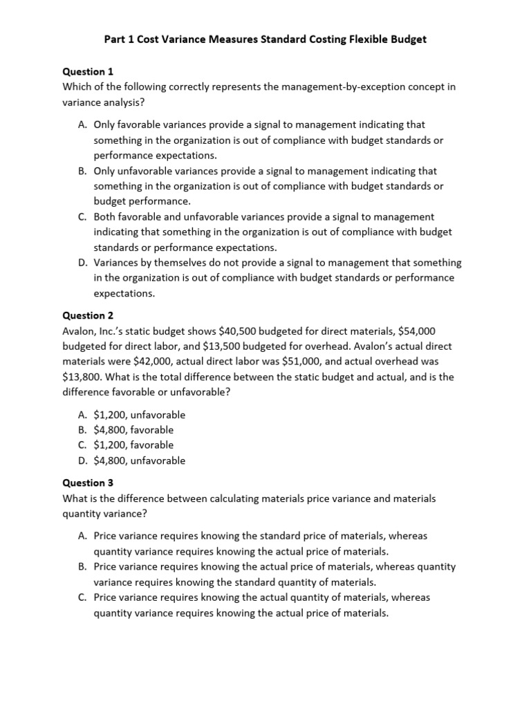 Part 1 Cost & Variance Measures Standard Costing & Flexible Budget - Qs | PDF | Cost Of Goods ...