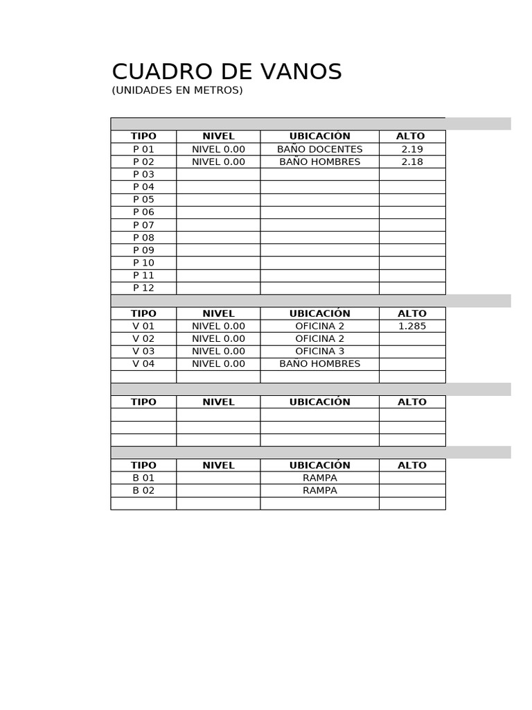 Cuadro de Vanos - DPP I2 | PDF