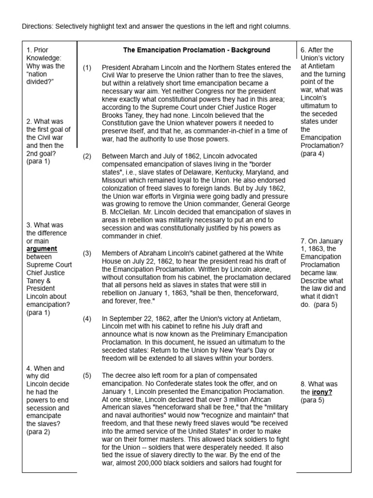 The Emancipation Proclamation Text and Questions | PDF | Emancipation ...