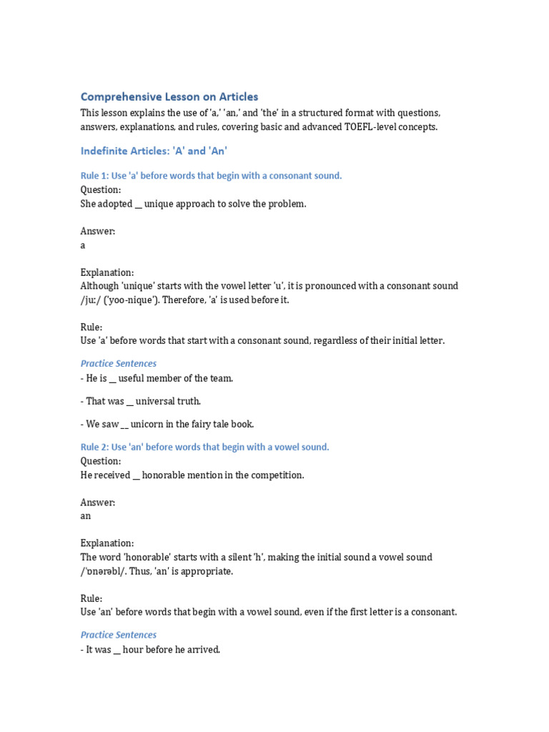 Mastering Articles: A Comprehensive Guide | PDF | Vowel | Consonant