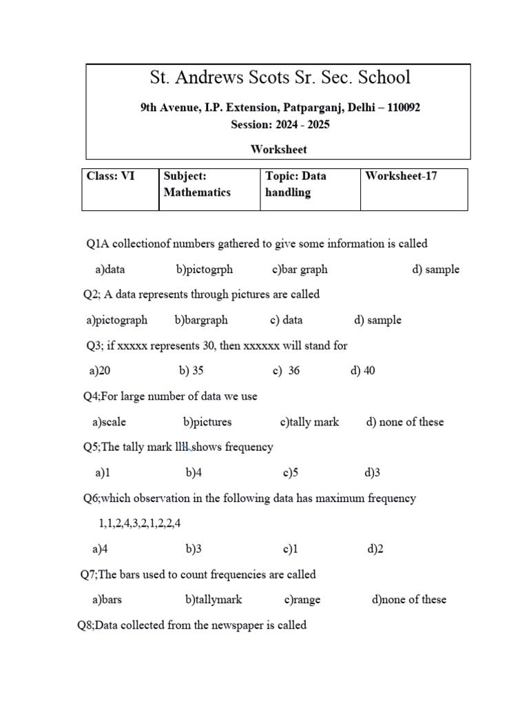 Maths - Data Handling WS-17 (VI) 2024 | PDF