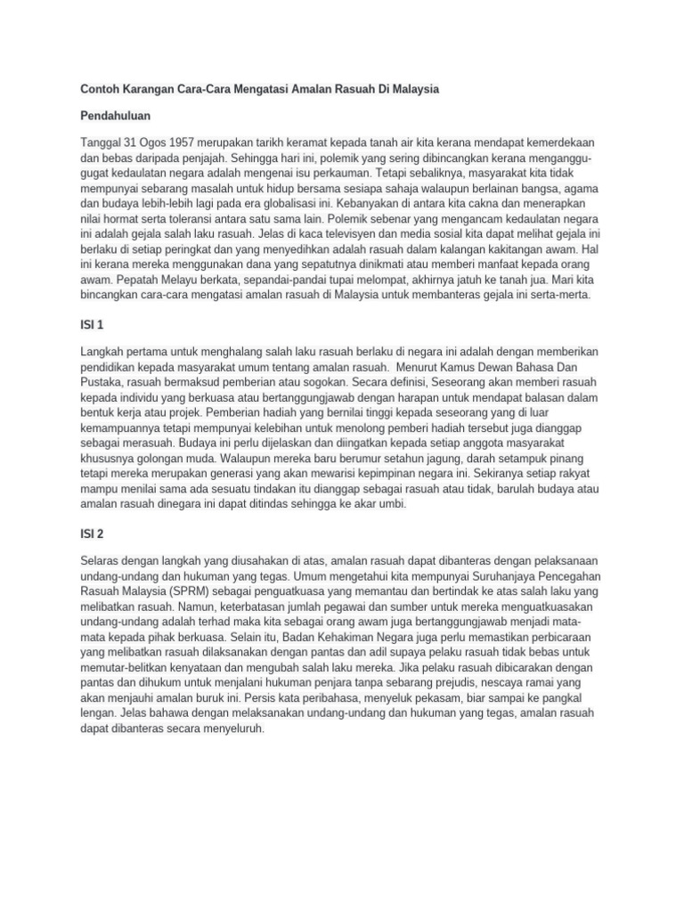 Contoh Karangan Cara Mengatasi Amalan Rasuah Di Malaysia | PDF