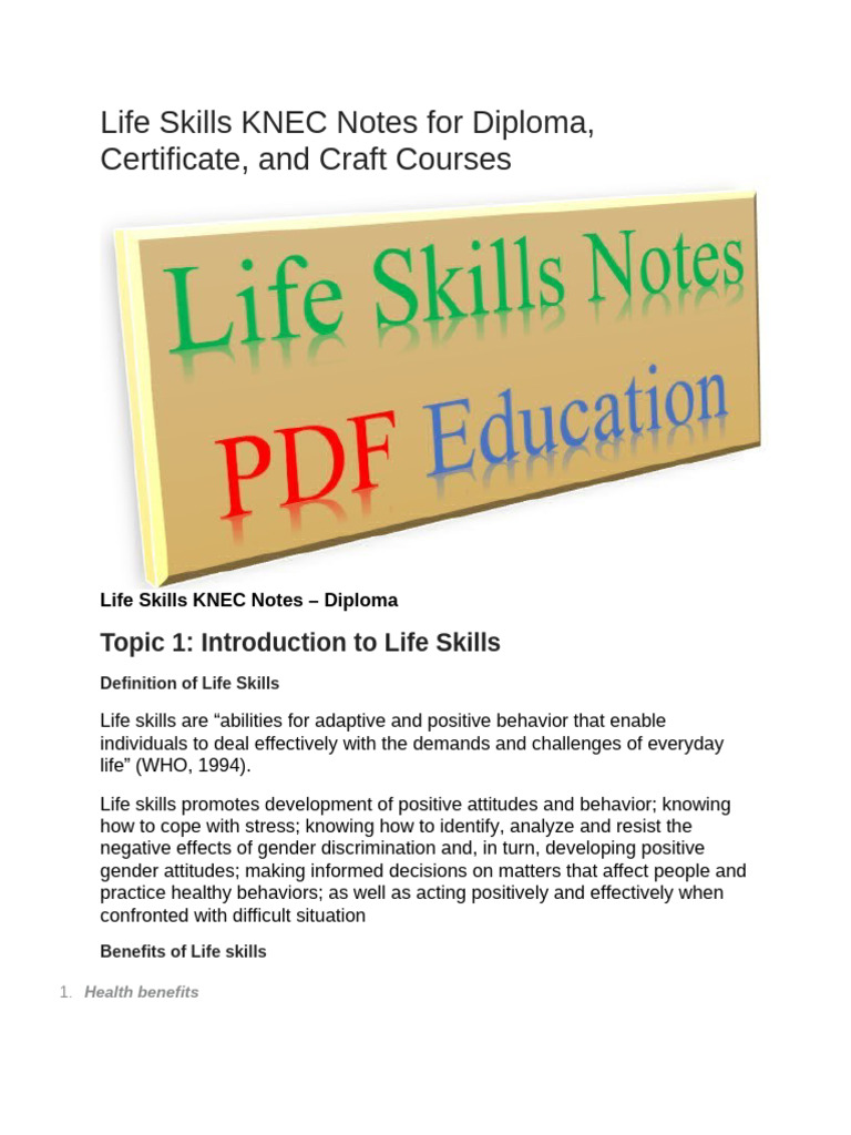 Life Skills KNEC Notes for Diploma 2 | PDF | Self Esteem | Empathy