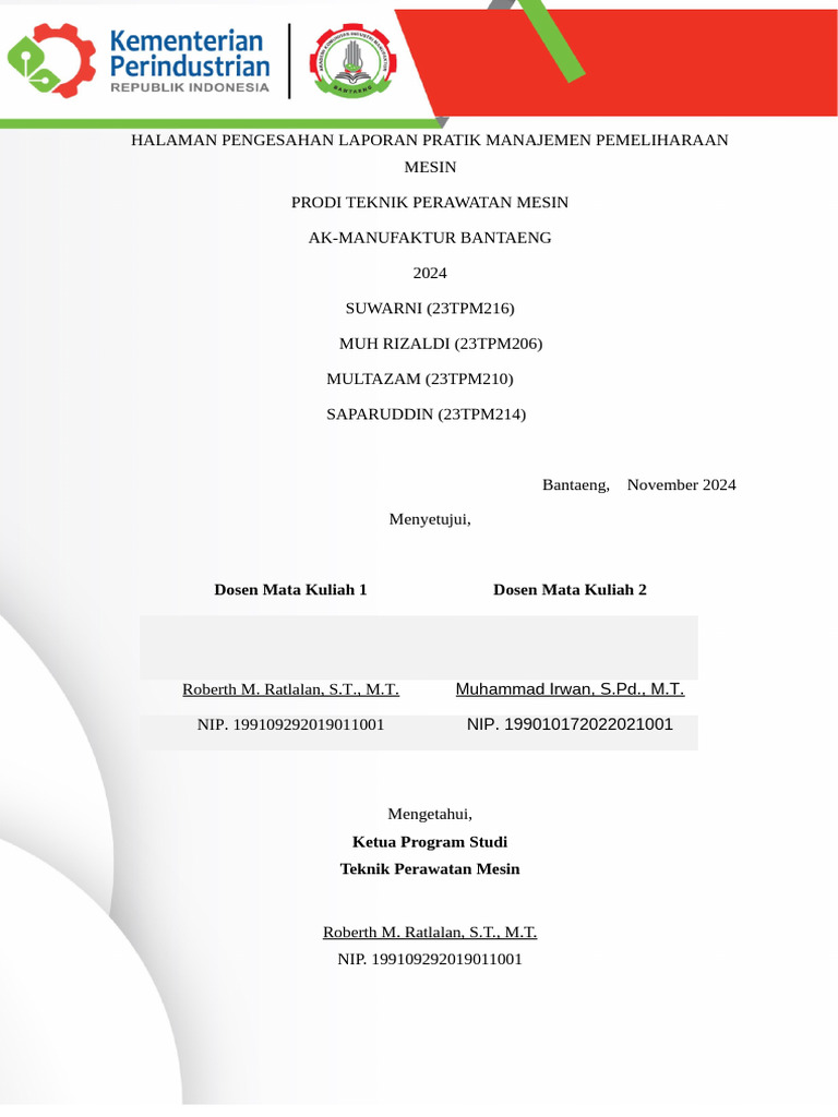 Laporan Pratik Manajemen Pemeliharaan Mesin Mesin | PDF