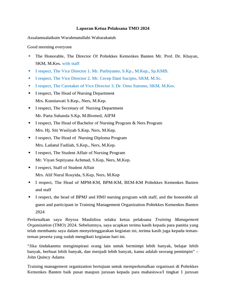 Laporan Ketua Pelaksana TMO 2024 | PDF