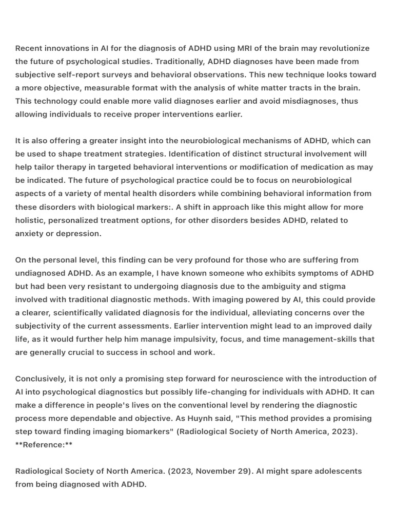Recent Innovations in AI For The Diagnosis of ADHD Using MRI of The | PDF