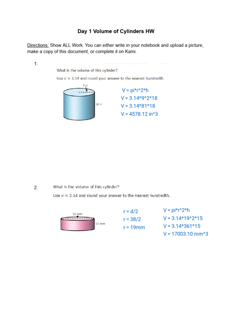 Day 3 Volume of Cylinders HW KEY | PDF