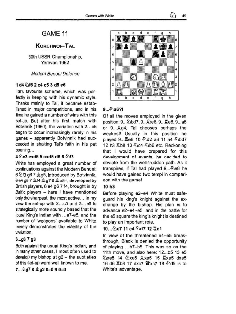Korchnoi Vs Tal A62 10 Benoni 1962 Passed Pawn USSR Championship Book | PDF