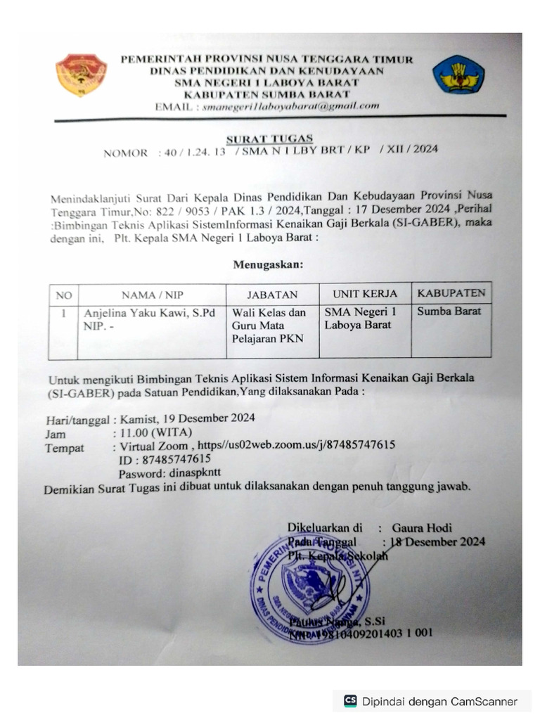 Surat Tugas Si-Gaber Anjelina Yaku Kawi | PDF