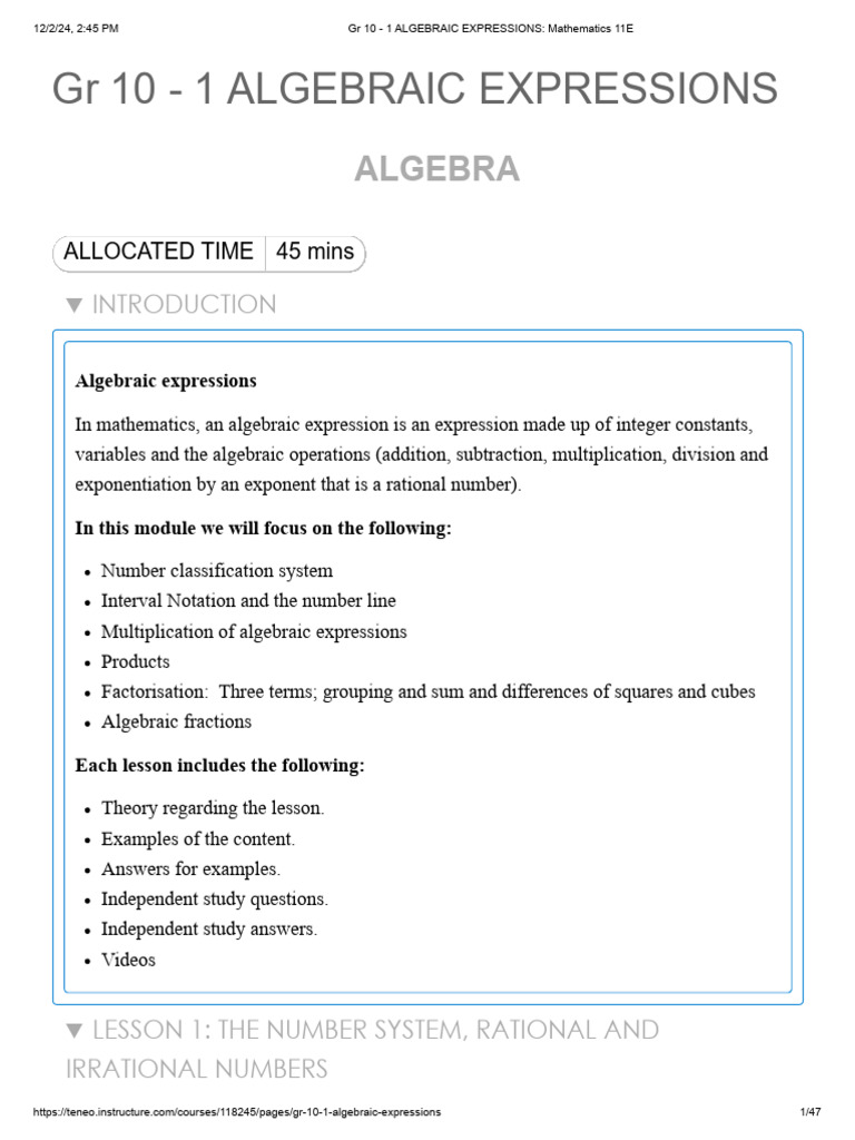 GR 10 - 1 ALGEBRAIC EXPRESSIONS - Mathematics 11E | PDF | Numbers ...