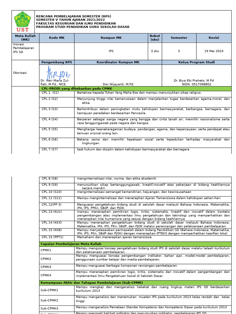 RPS Inovasi Pembelajaran IPS+TUGAS (1) - 2024 - Sesuai Format | PDF