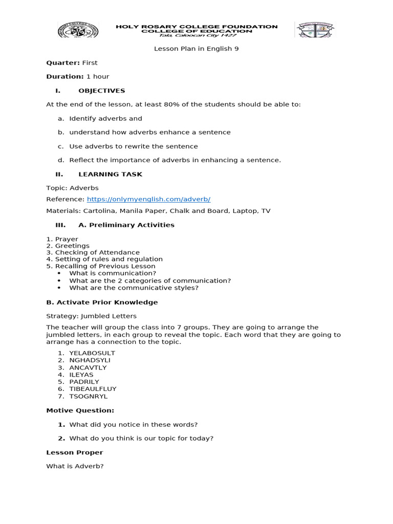 Lesson Plan For Adverbs 9 | PDF | Adverb | Lesson Plan