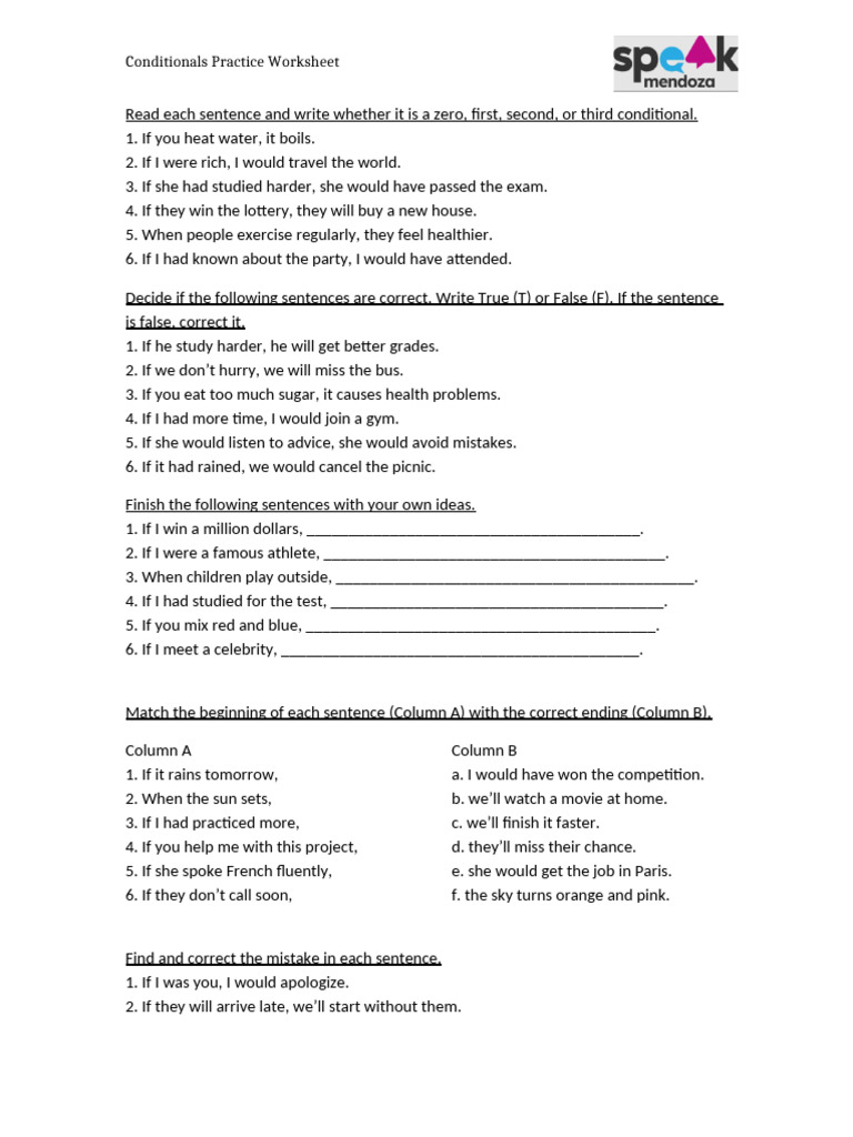 Conditionals Practice Worksheet | PDF