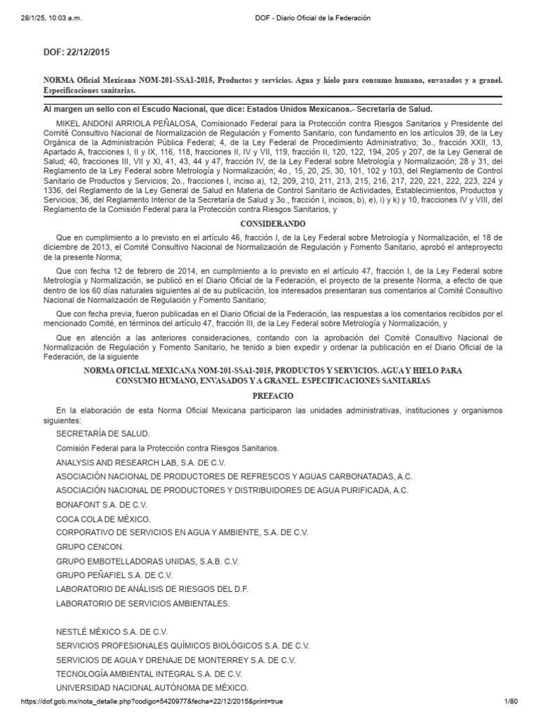 NOM-201-SSA1-2015, Productos y Servicios. Agua y Hielo para Consumo Humano, Envasados y A Granel ...
