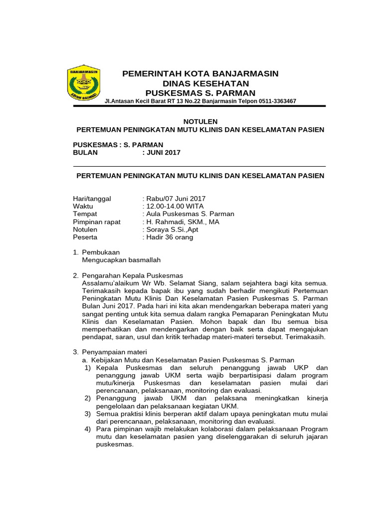 notulen mutu klinis dan keselamatan pasien pkm s parman | PDF