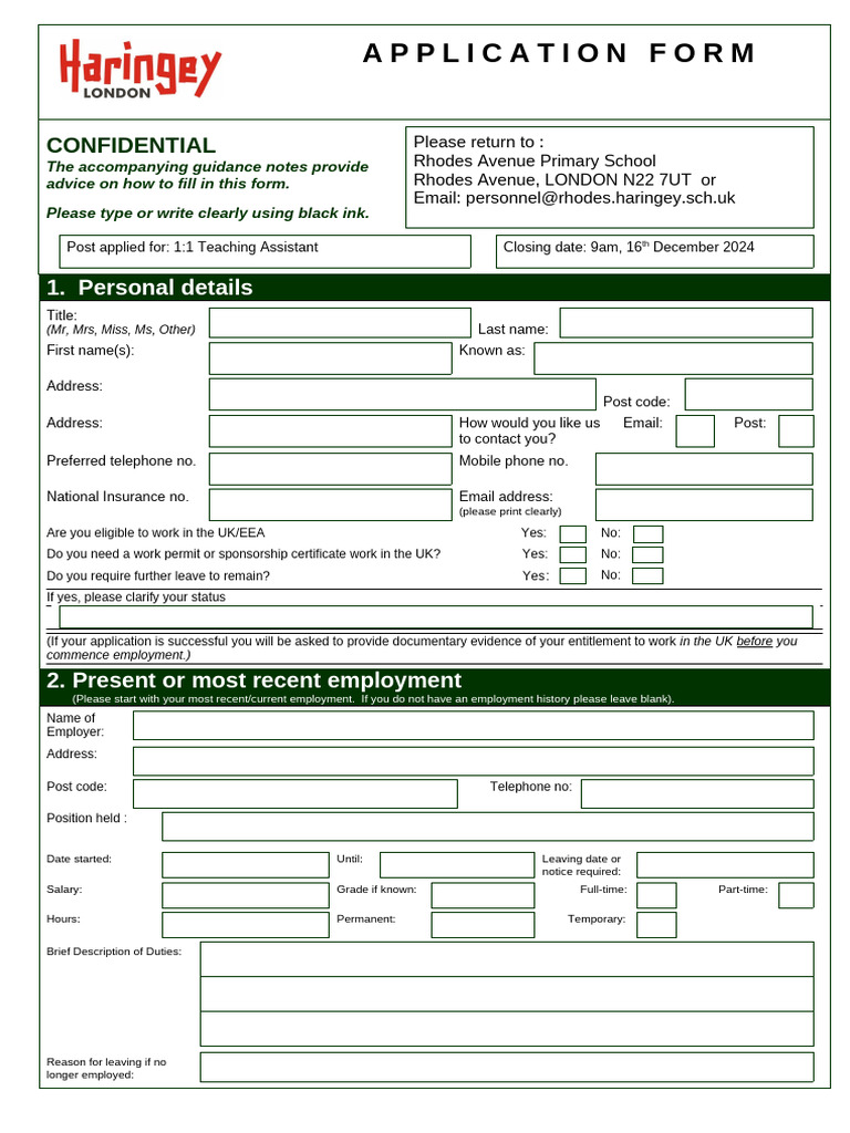 1:1 Teaching Assistant Application Form | PDF | Justice | Crime & Violence