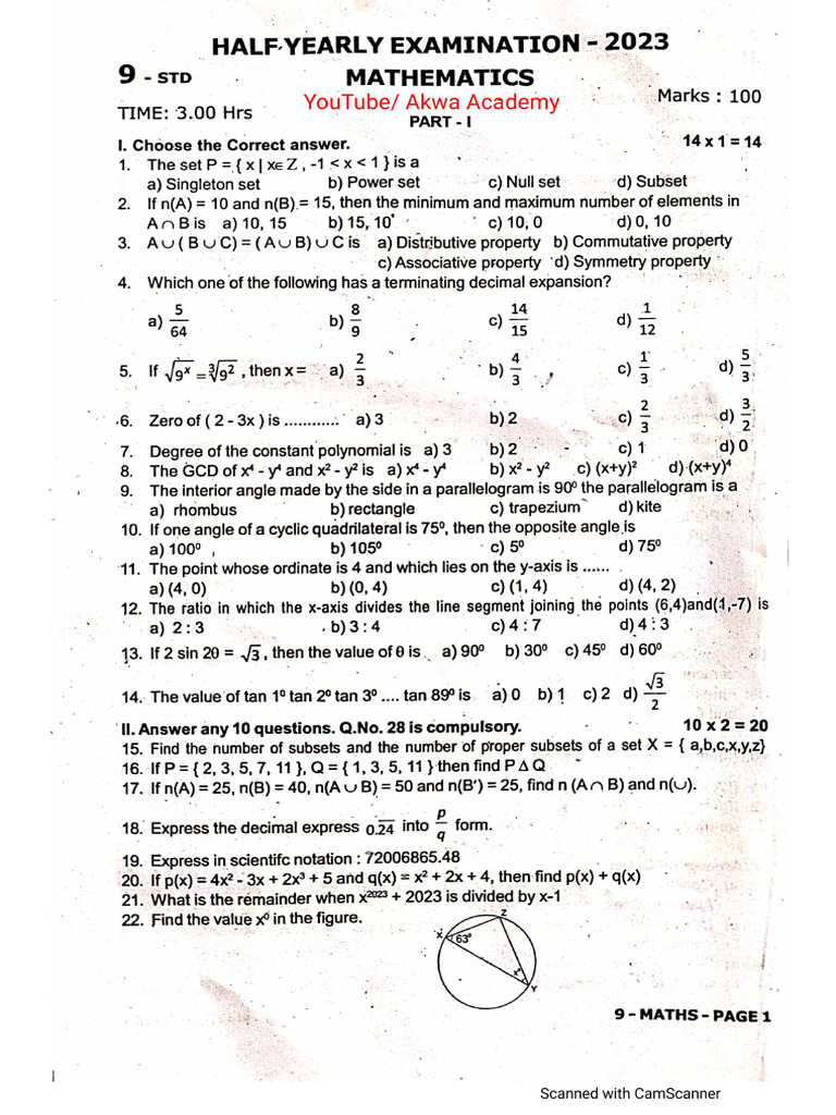 9th Maths EM Half Yearly Exam 2023 Question Paper Tirupattur District English Medium PDF ...
